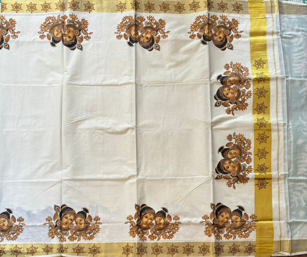 Meera Mural motifs Kasavu cotton saree | The Maggam Collective