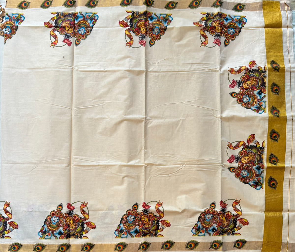 Radha Mural motifs Kasavu cotton saree | The Maggam Collective